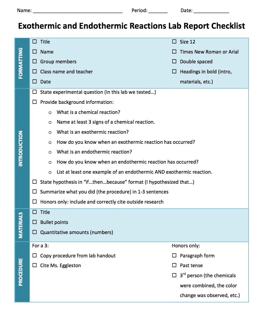 Lab Report Checklist: Introduction | Ms. Eggleston's Chemistry Class